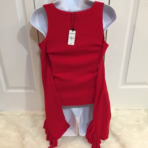 Express | Tops | Nwt Ribbed Red Cold Shoulder Bell Sleeve Top | Poshmark